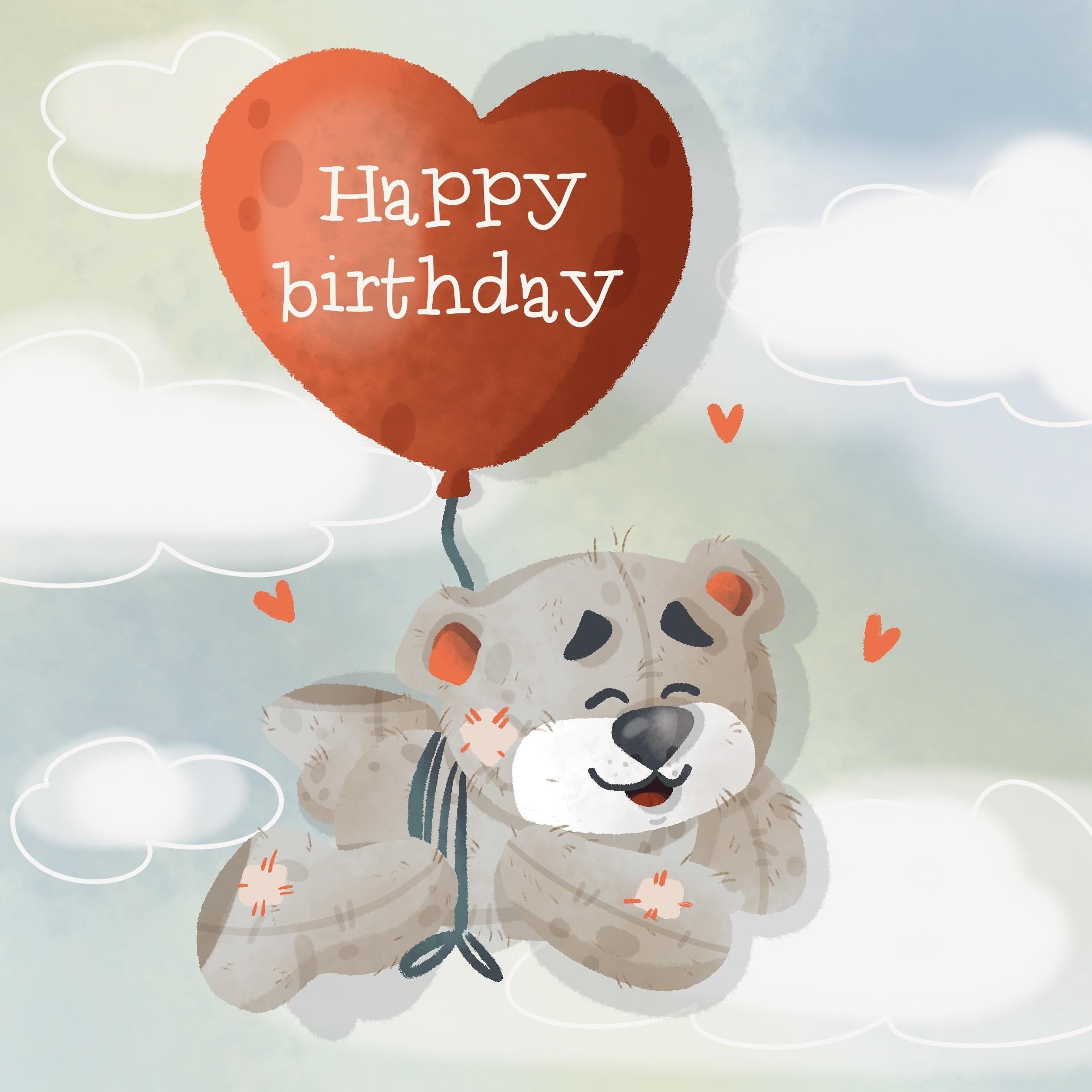 Teddy Bear On Heart-Shaped Balloon Happy Birthday Confetti-exploding G ...
