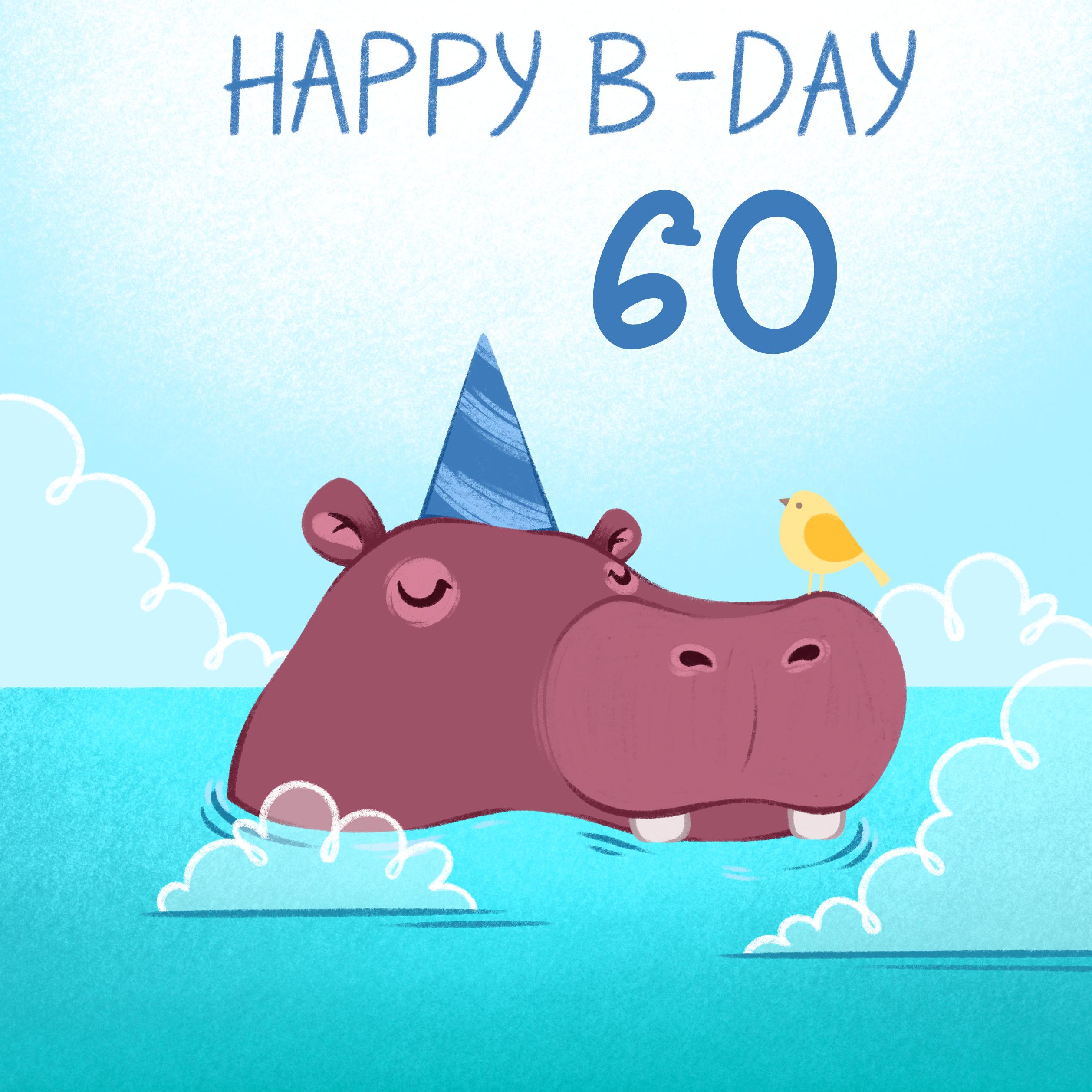 Festive Hippo Blue Background Happy 60th Birthday Confetti-exploding G ...