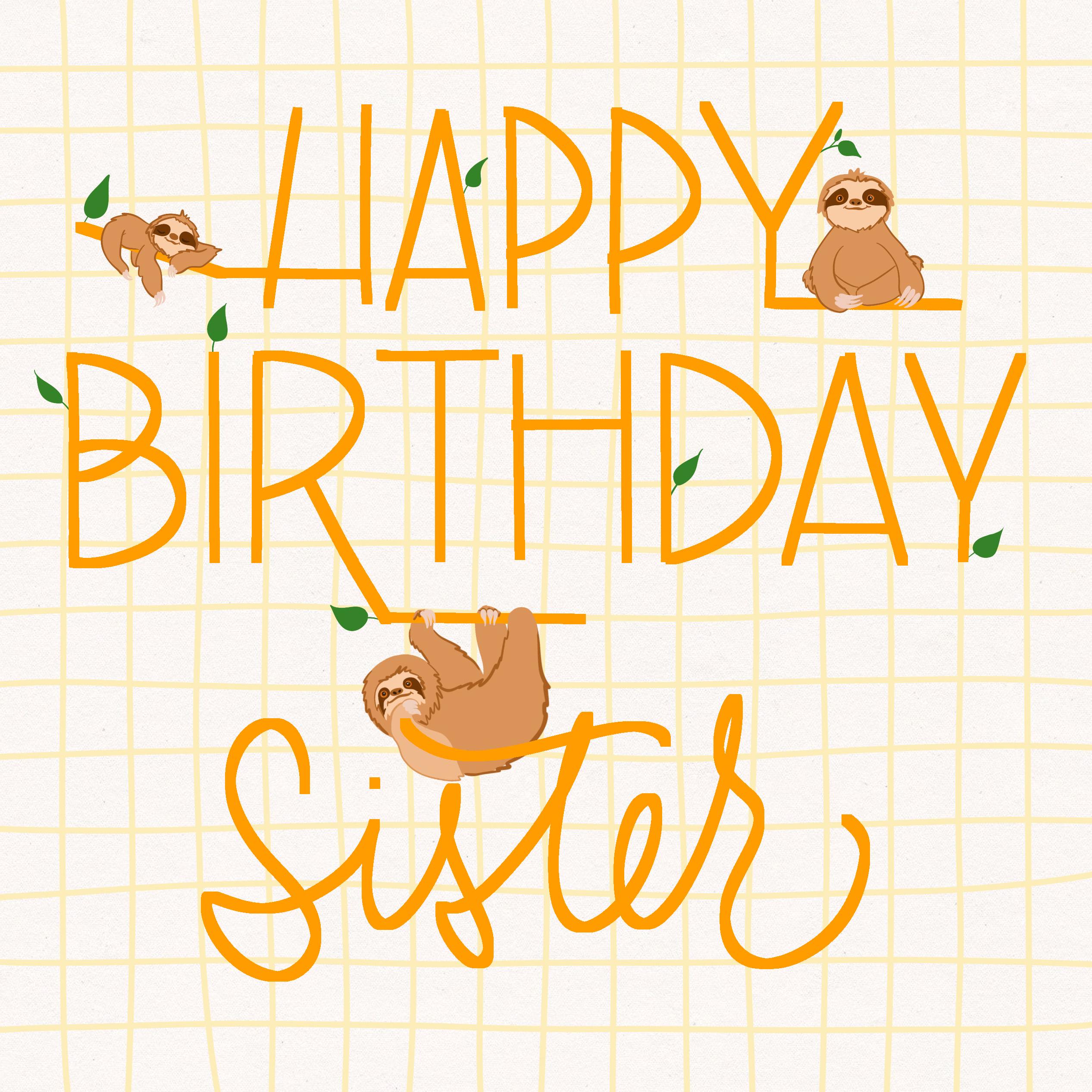 Happy Birthday Sister Sloths Hanging On Letters Confetti-exploding Gre ...