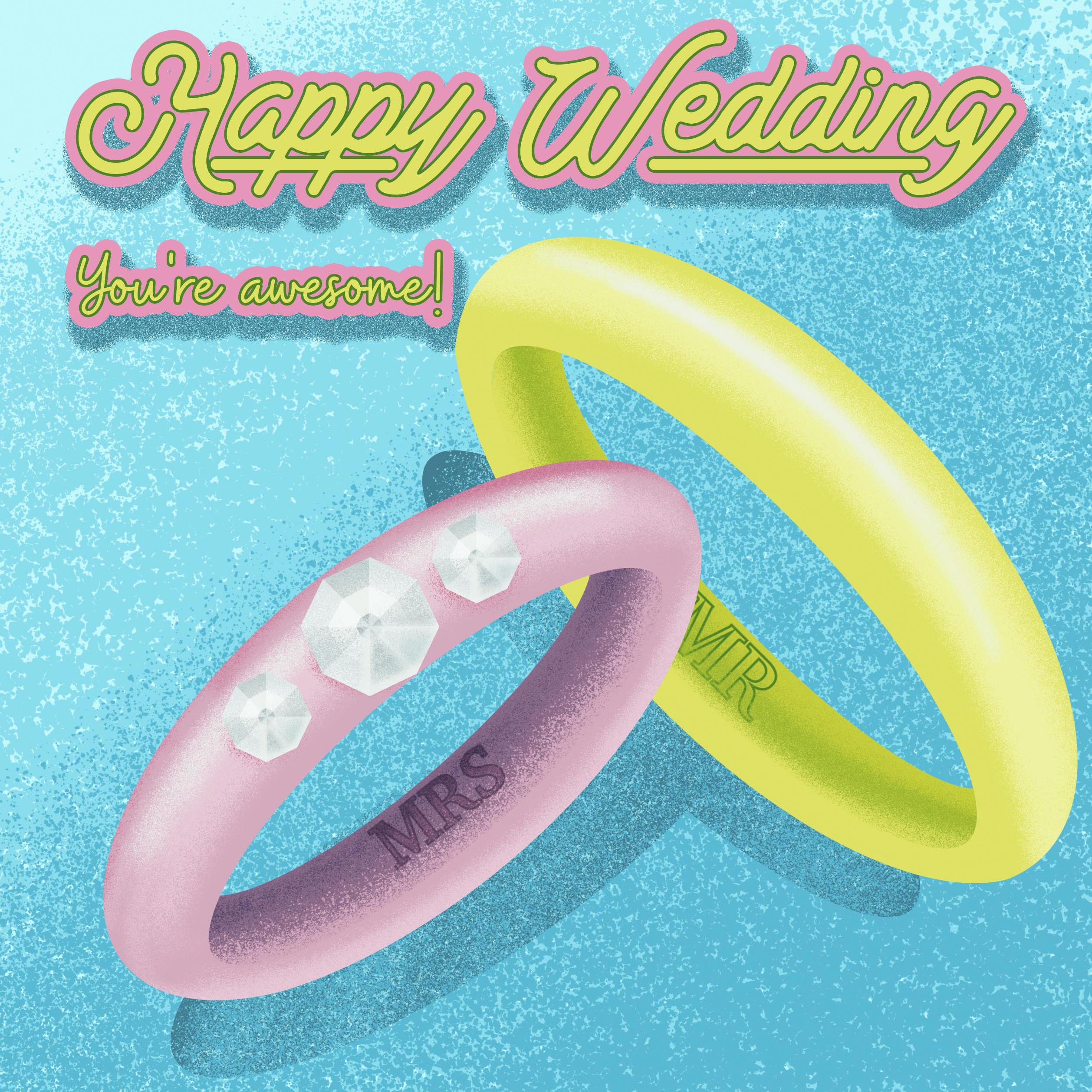 Happy Wedding Day Pink And Yellow Rings Confetti-exploding Greetings C ...