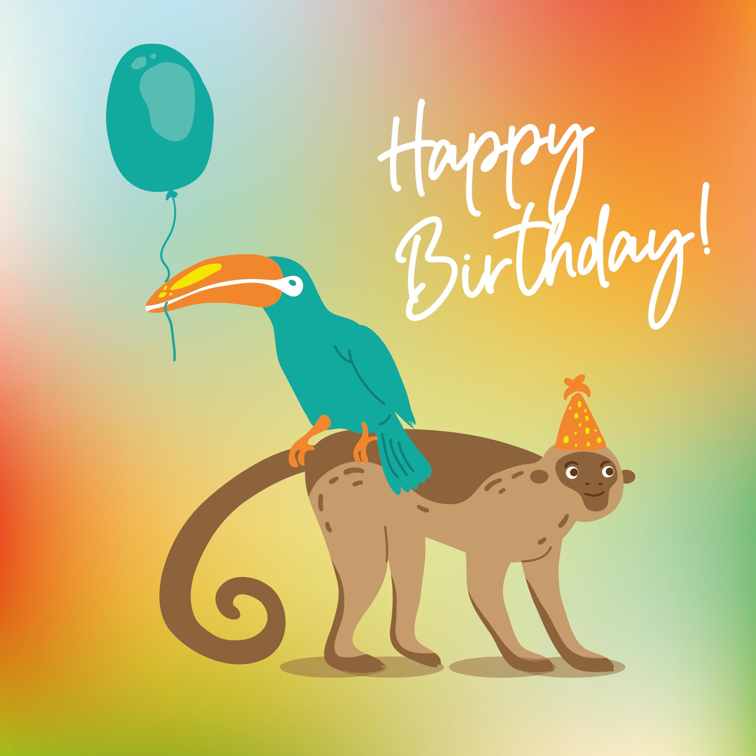 Monkey With Green Toucan Happy Birthday Confetti-exploding Greetings C ...