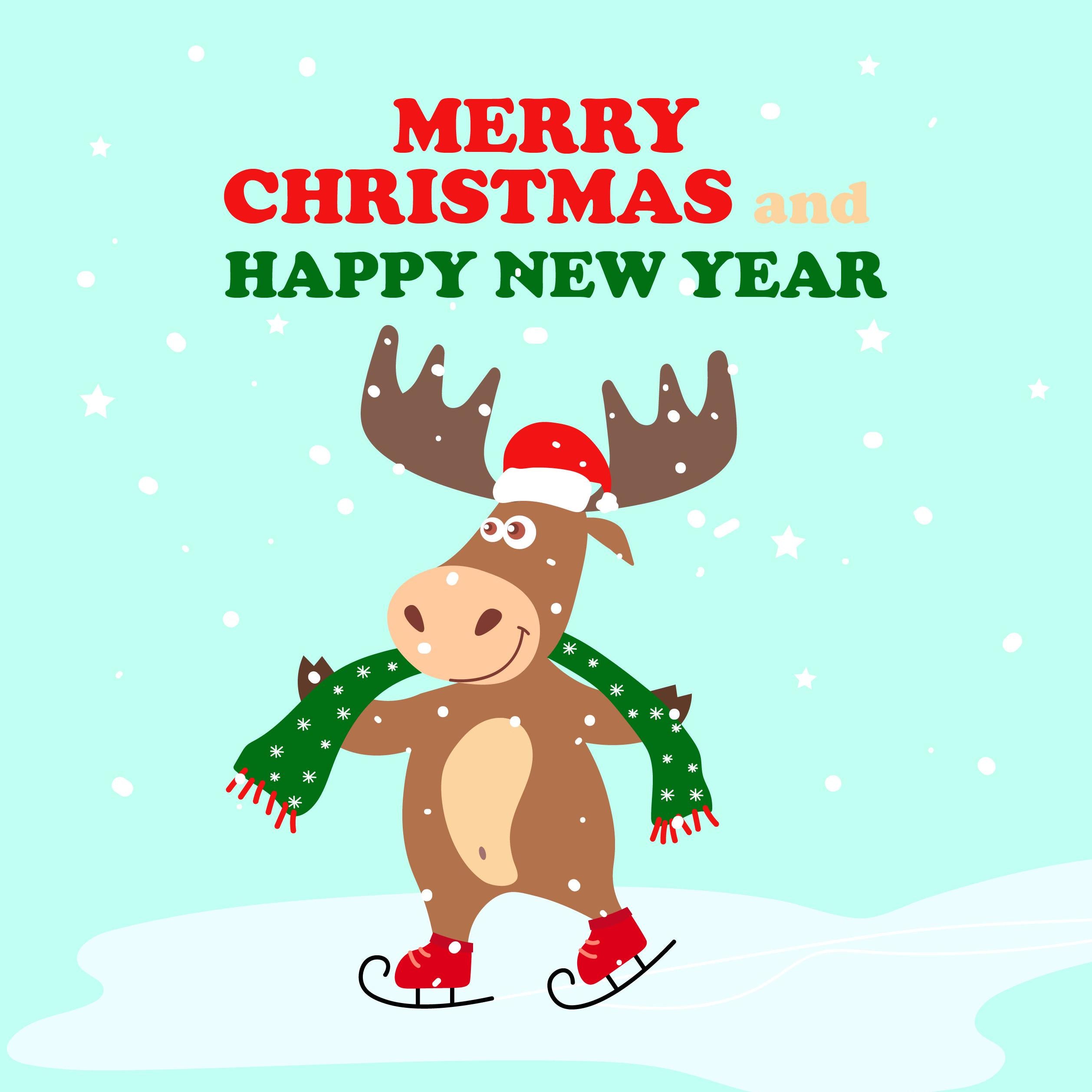 Merry Christmas And Happy New Year Moose Ice Skating Confetti-explodin ...